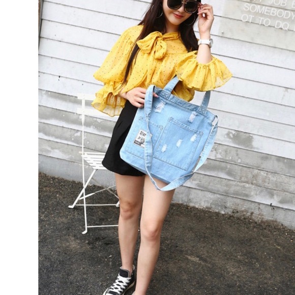 Bags | Denim Bag Shoulder Jean Distressed Ripped Handbag Light Blue ...